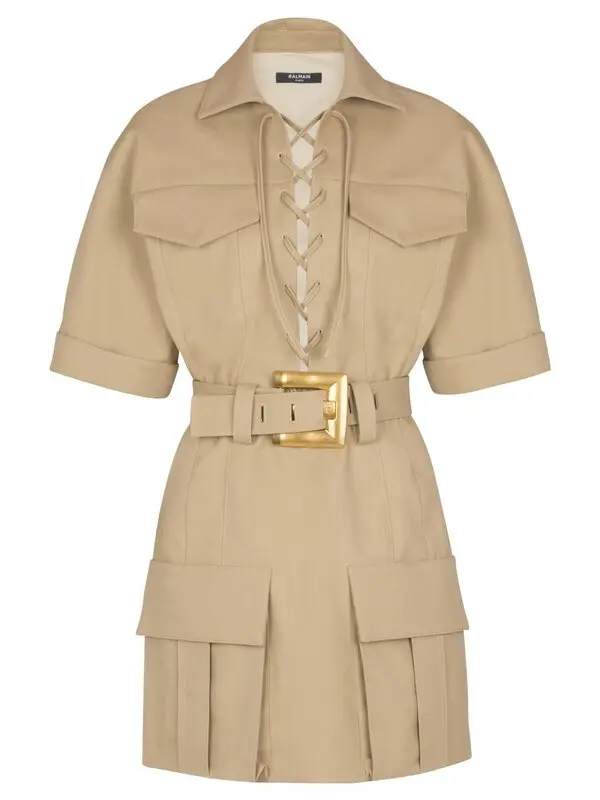 Balmain Short Cotton Gabardine Lace-up Dress - Nude