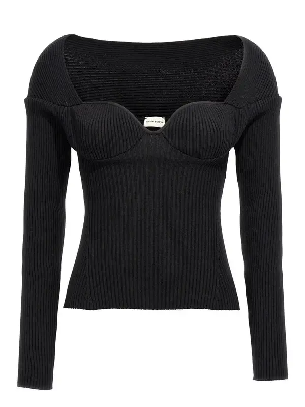 Magda Butrym Rib-knit Bustier Top With Sweetheart Neckline And Long Sleeves - Black
