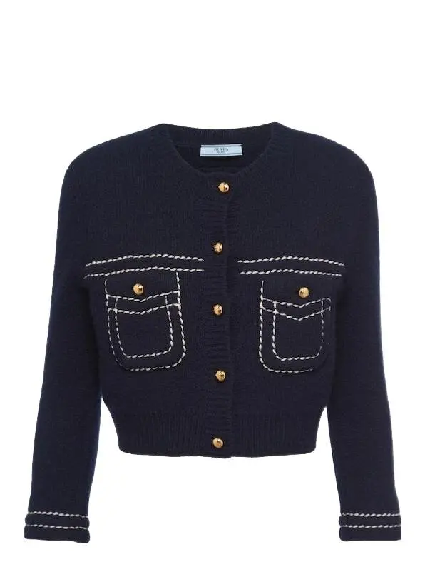 Prada Navy Cashmere Cardigan With Contrast Stitching - Blue