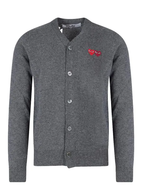 Play Comme Des Garcon V-neck Wool Cardigan With Heart Patch - Gray