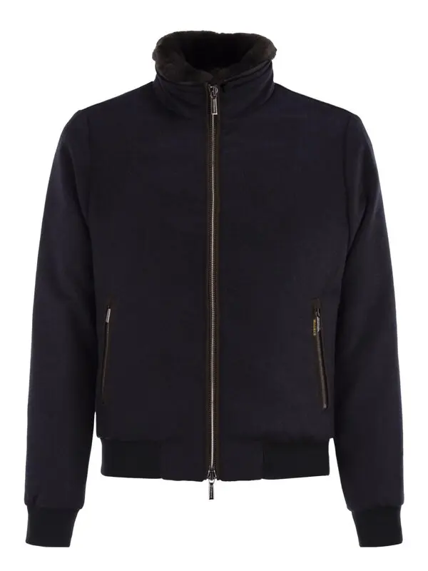MOORER Aqualine Hybrid Bomber Jacket With Sheepskin Collar - Black