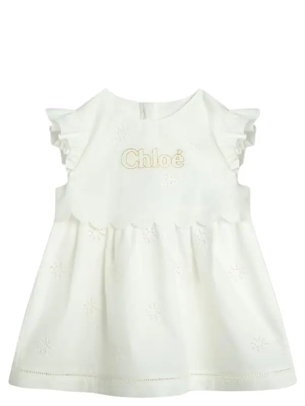 Chloé Round Neck Dress With Flounce Sleeves And Scalloped Finish - White