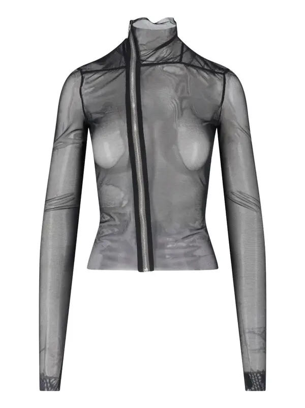 Rick Owens Sheer High Neck Zip-front Long Sleeve Top - Black