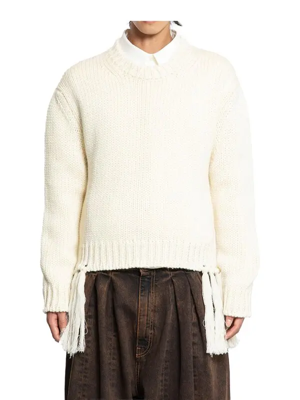 HED MAYNER Fringed Wool Crew Neck Sweater - Natural Color