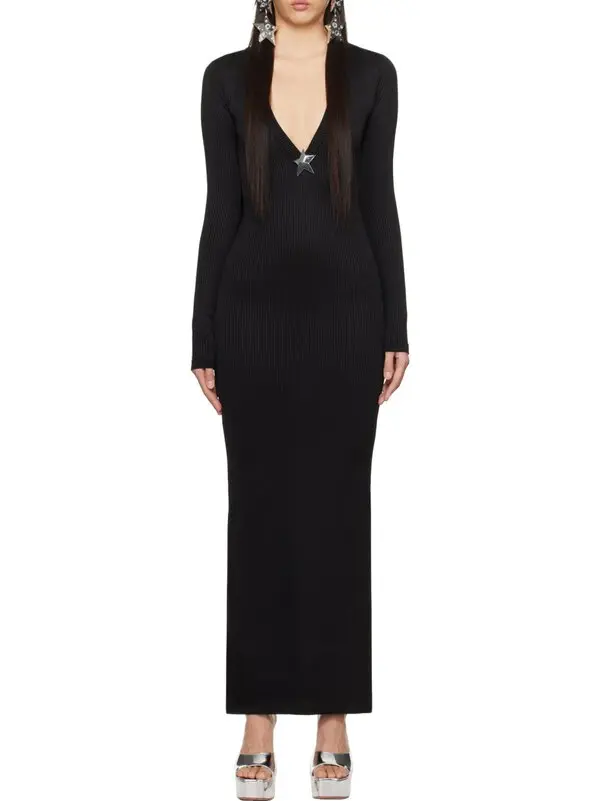 AREA V-neck Fine-ribbed Maxi Dress - Black