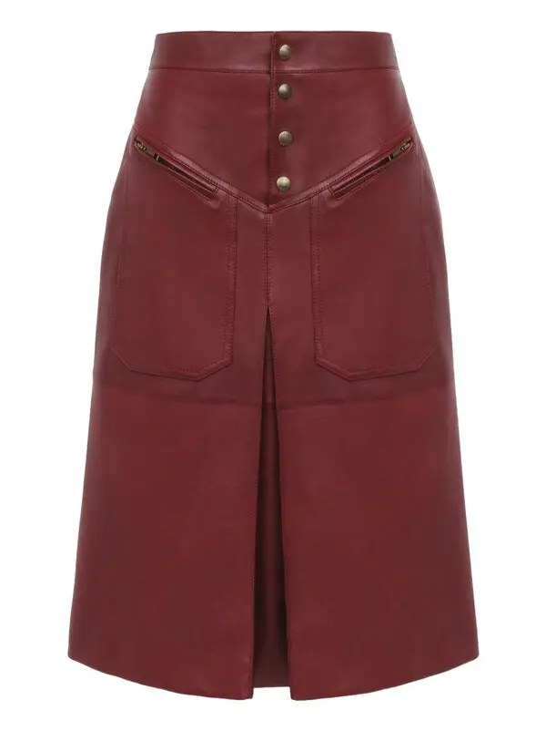 Chloé Knee-length Leather Skirt With Box Pleat And Zipper Pockets - Deep Ruby Red
