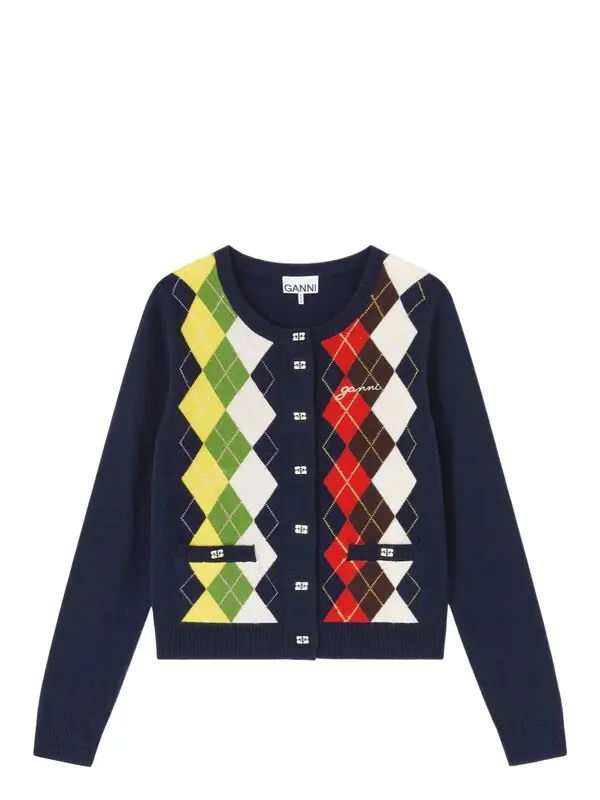 GANNI Argyle Knit Cardigan - Dark Blue