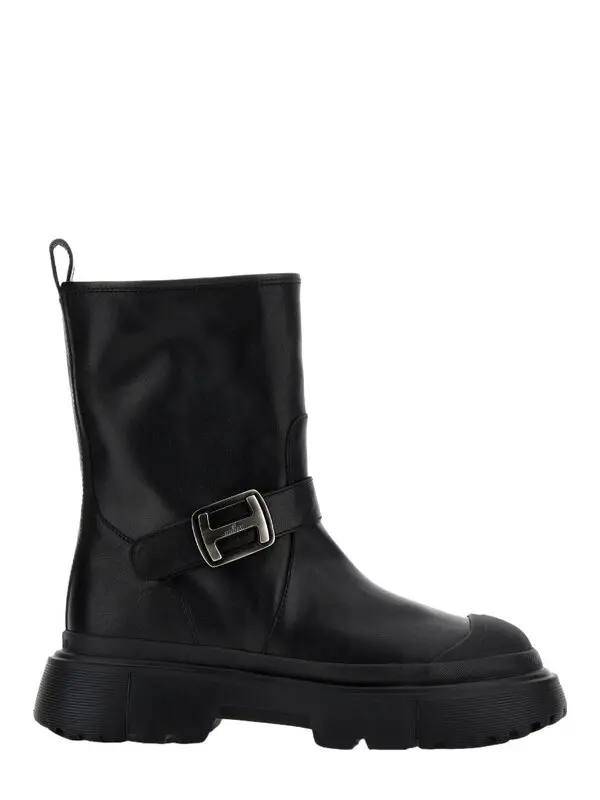 Hogan Logo Buckled Round-toe Boots - Black