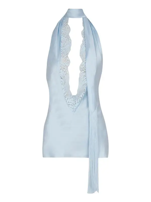 Balmain Backless Fringed Satin Halter Top - Blue