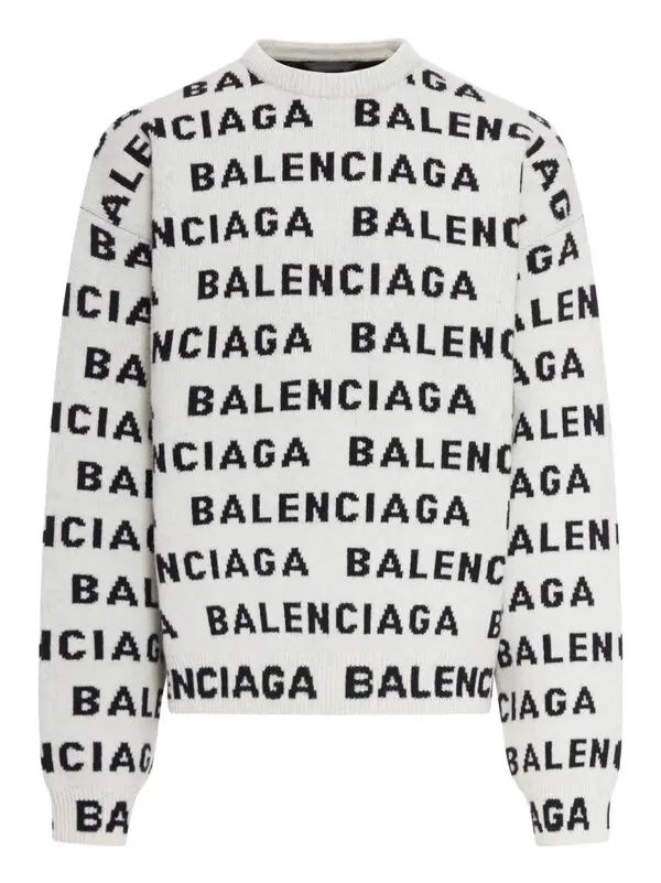 Balenciaga Allover Logo Intarsia Knitted Jumper - White