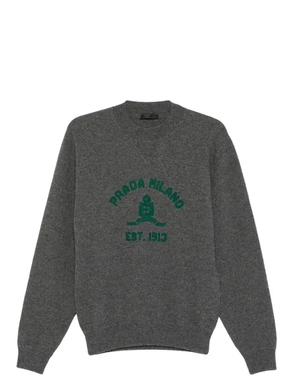 Prada Cashmere Crewneck Sweater With Graphic Print - Slate Grey