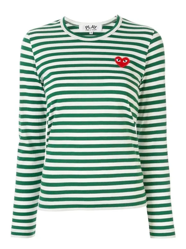 Play Comme Des Garcon Striped Logo-patch Long Sleeve T-shirt - Green