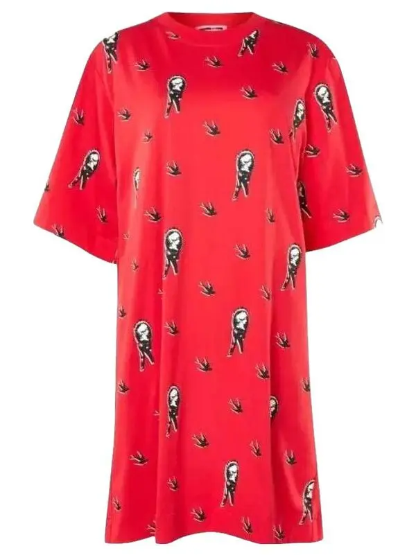 Alexander McQueen Printed Round Neck Short Sleeve Dress - Red