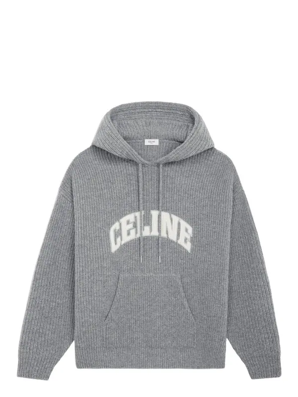 Celine Ribbed Wool Hooded Sweater With Brand Logo - Medium Gray
