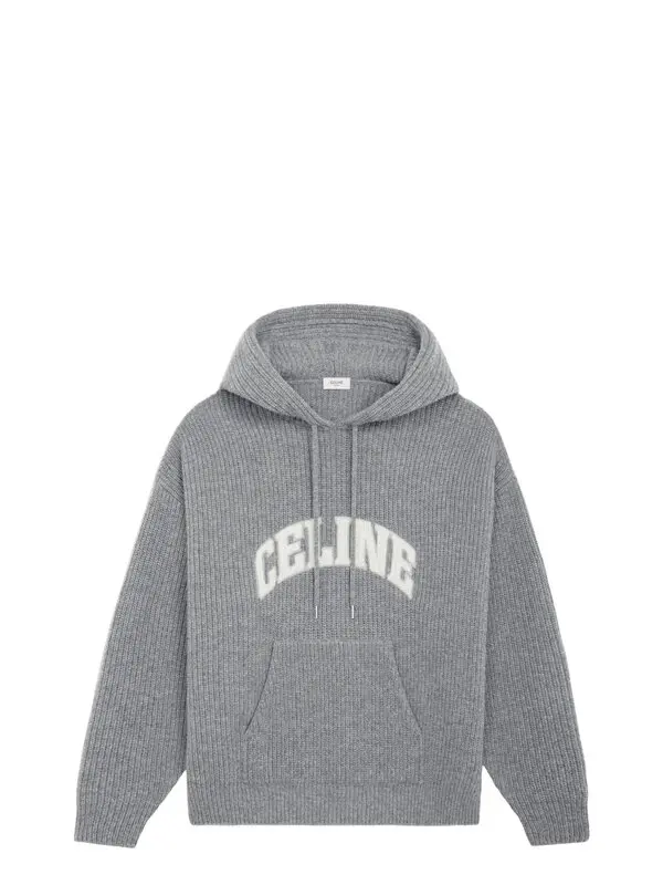 Celine Ribbed Wool Hooded Sweater With Brand Logo - Mid-grey