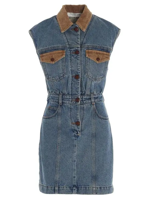 Philosophy Di Lorenzo Serafini Denim Mini Dress With Corduroy Collar - Blue