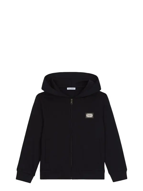 Dolce & Gabbana Logo Plaque Zip-up Cotton Hoodie - Black