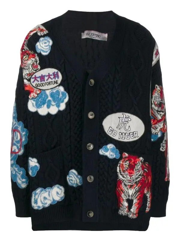 Valentino Garavani Tiger Embroidered V-neck Cardigan - Black