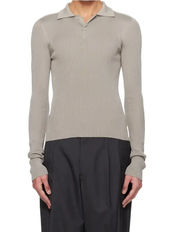 RIER Long-sleeved Collared Knit Polo Shirt - Mist Grey
