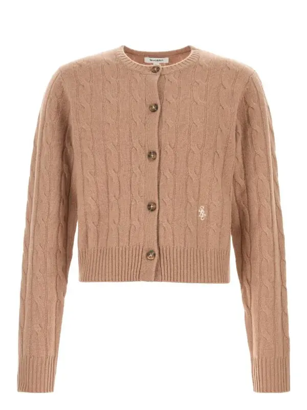 SPORTY  RICH Sporty Rich Logo Embroidered Crewneck Cardigan - Camel