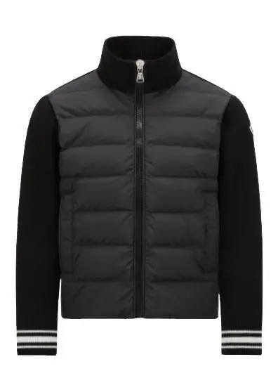 Moncler Zip-up Hooded Padded Jacket With Striped Cuffs - Black