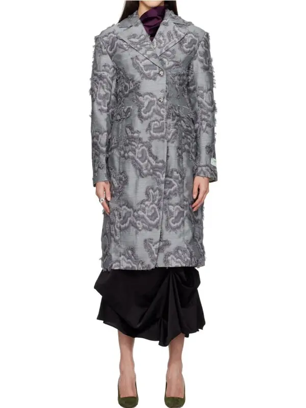 GANNI Wool Blend Coat With Perforated Pattern And Notched Lapel - Gray
