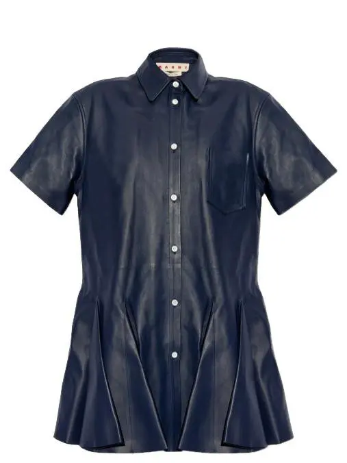 Marni Leather Shirt Dress With Pleated Hem - Navy Blue