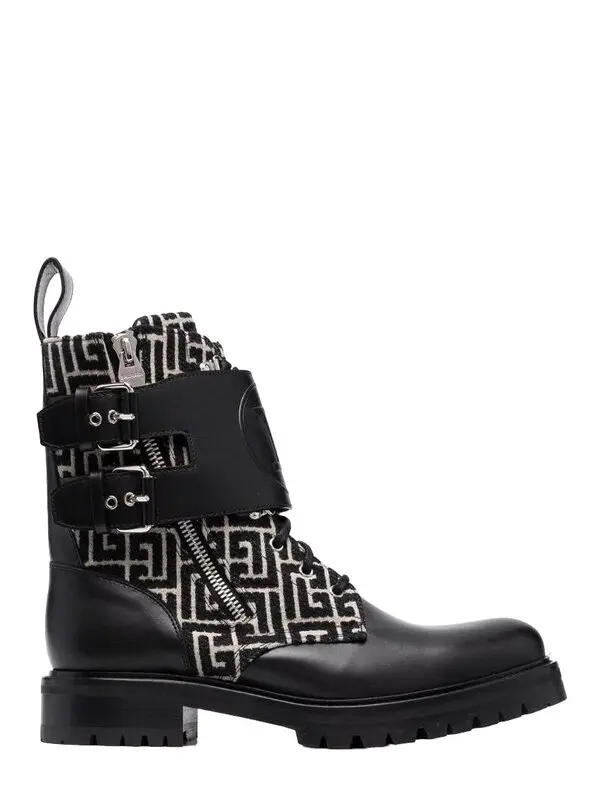 Balmain Bicolor Smooth And Monogram Jacquard Phil Ranger Ankle Boots - Black