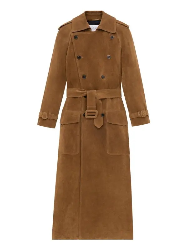 Saint Laurent Double-breasted Suede Long Coat - Brown