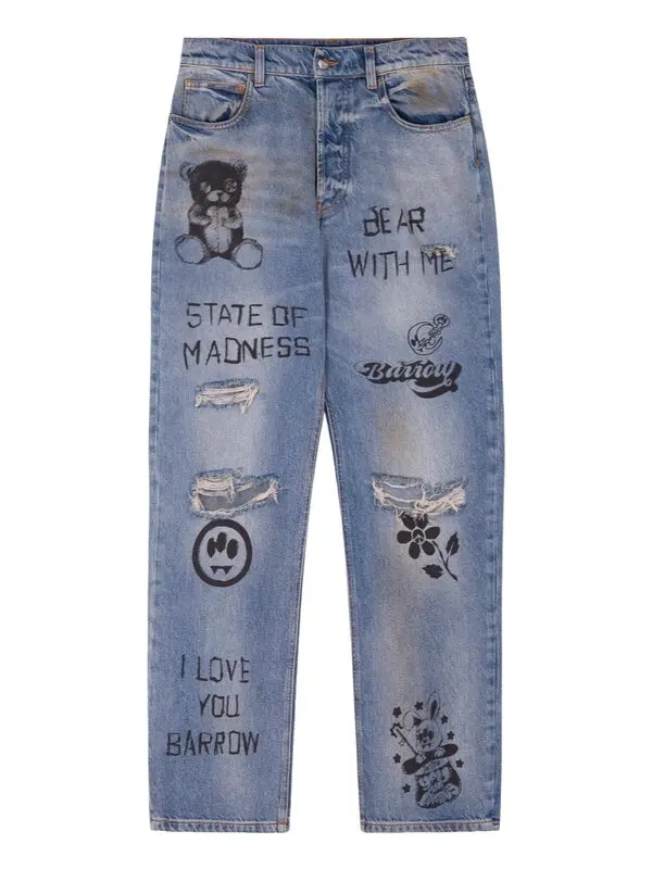 BARROW Straight Leg Distressed Jeans With Sketch Print - Light Sky Blue