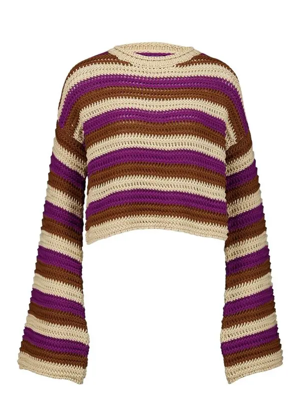 La DoubleJ Cropped Crochet Sweater With Trumpet Sleeves - Brown