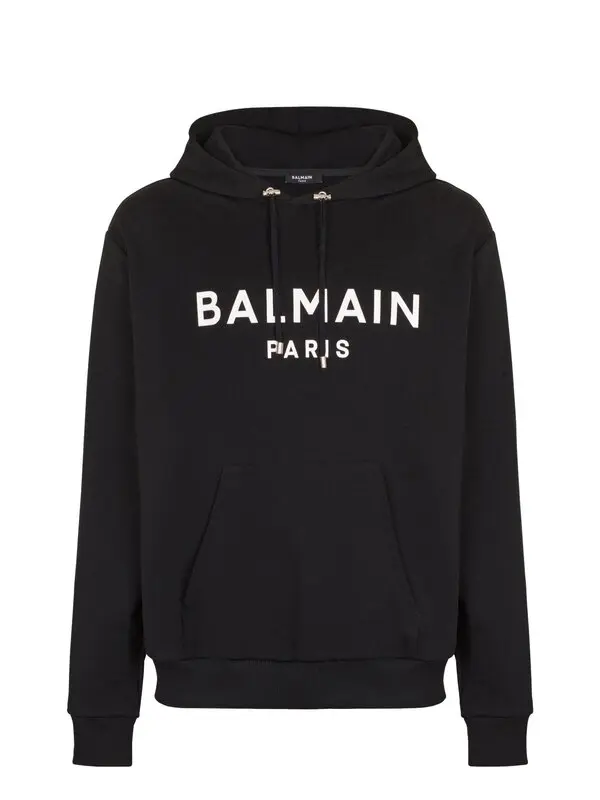 Balmain Paris Logo Printed Drawstring Hoodie - Black