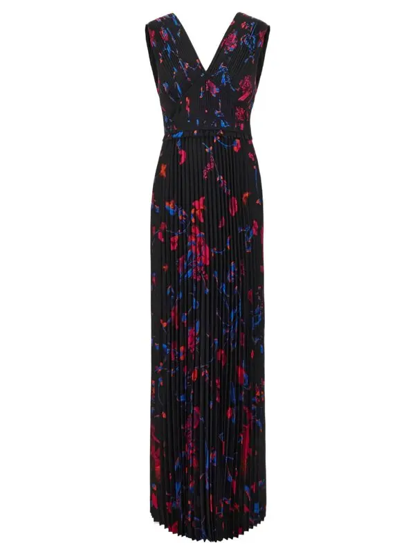 Hugo Boss Sleeveless Floral Printed V-neck Pleated Dress - Black