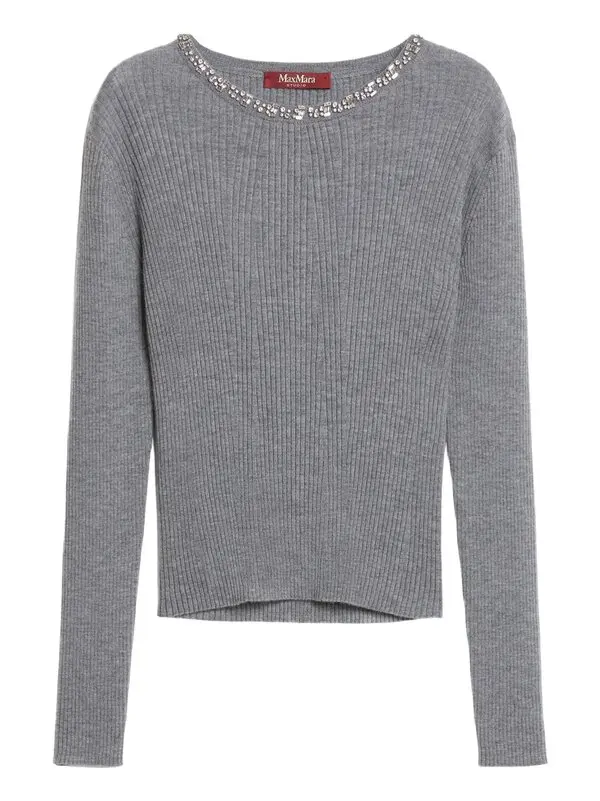 Max Mara Catone Ribbed Knit Sweater With Embellished Neckline - Medium Gray