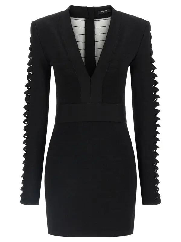 Balmain Long-sleeve Cut-out V-neck Mini Dress - Black