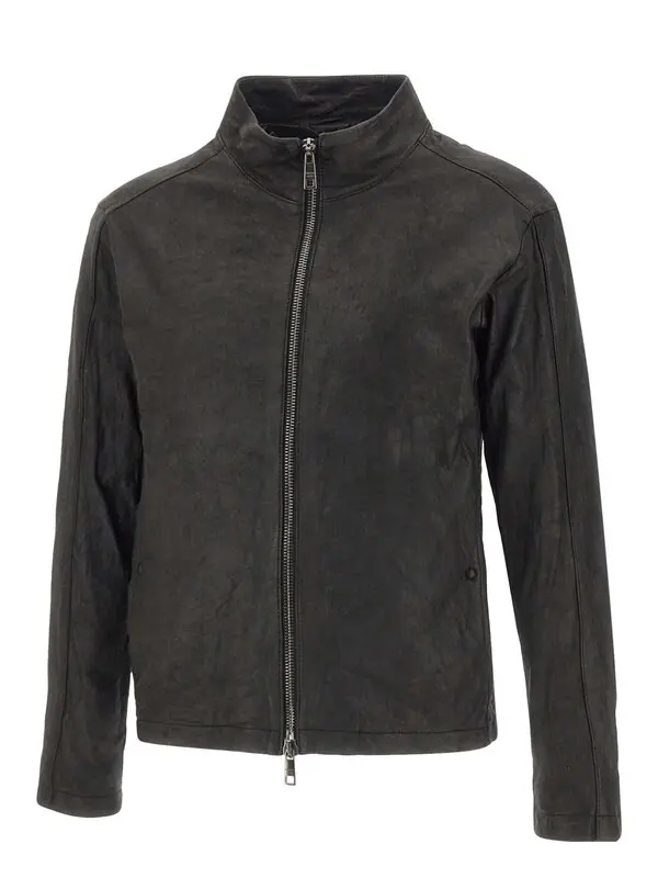 GIORGIO BRATO Stand Collar Zip Leather Jacket - Black