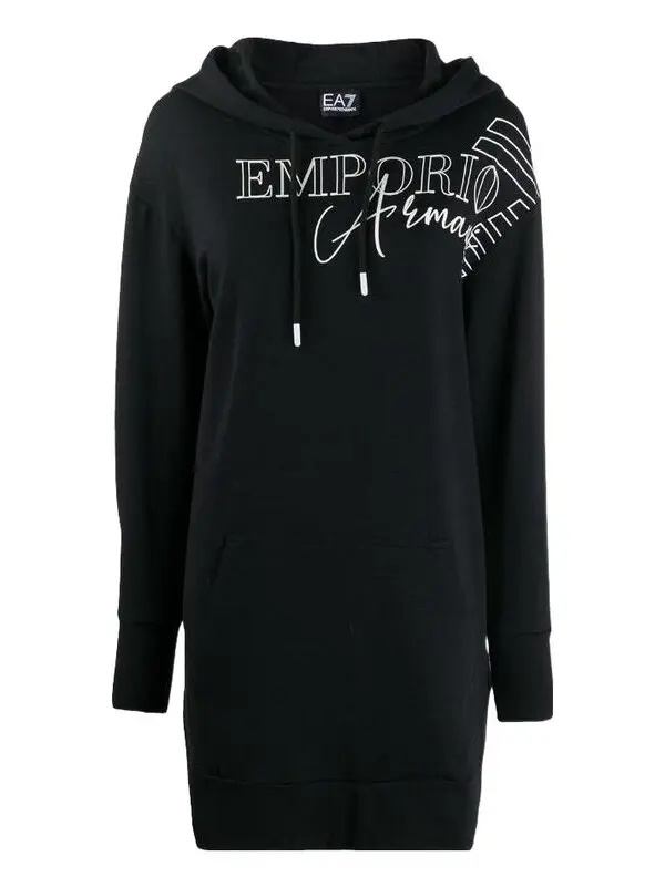 Emporio Armani Logo Print Hooded Longline Sweatshirt - Black