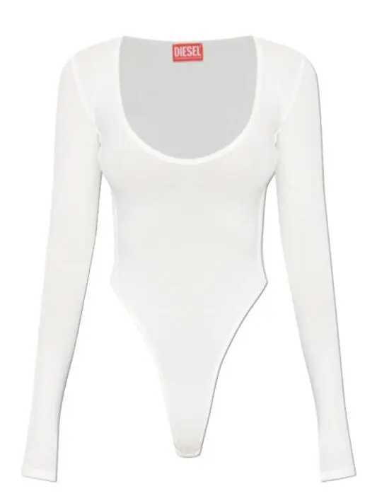 DIESEL® Ribbed Thong Bodysuit With Deep Round Neck - White