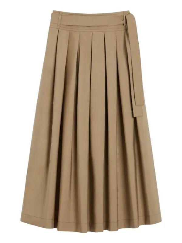 Max Mara Pleated Cotton Skirt With Tie Belt - Desert-colored