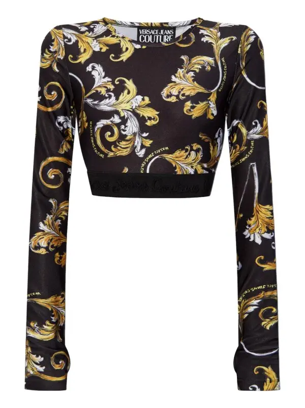 Versace Baroque Print Long Sleeve Crop Top - Black