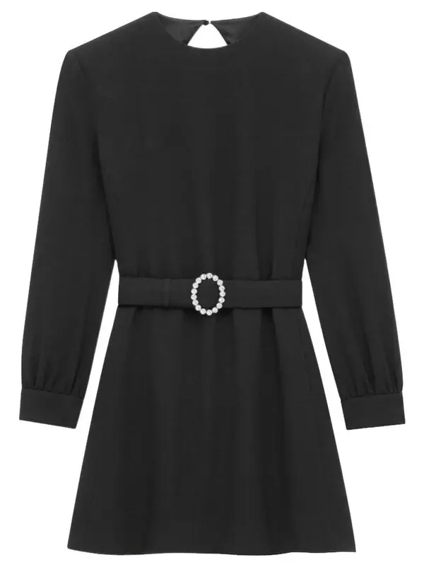 Saint Laurent Long Sleeve Mini Dress With Crystal Buckle Belt - Black