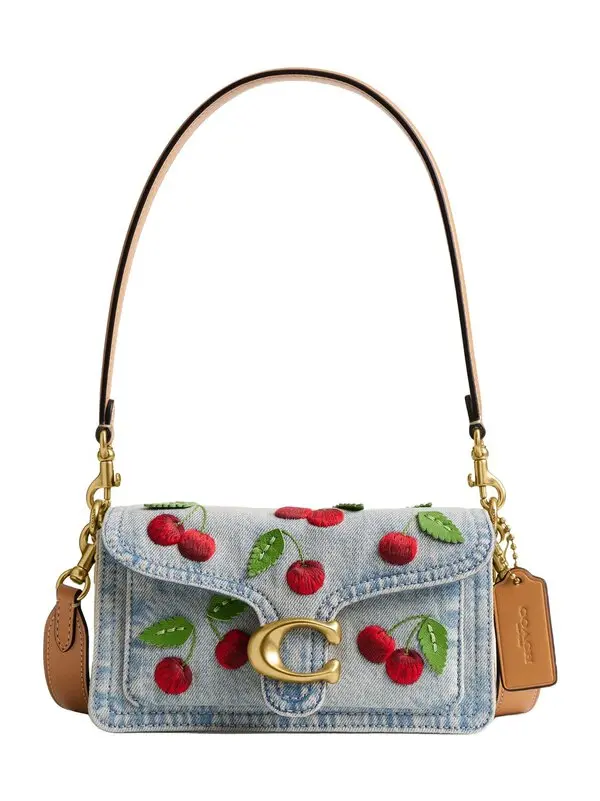 COACH Embroidered Cherry Denim Shoulder Bag - Gray