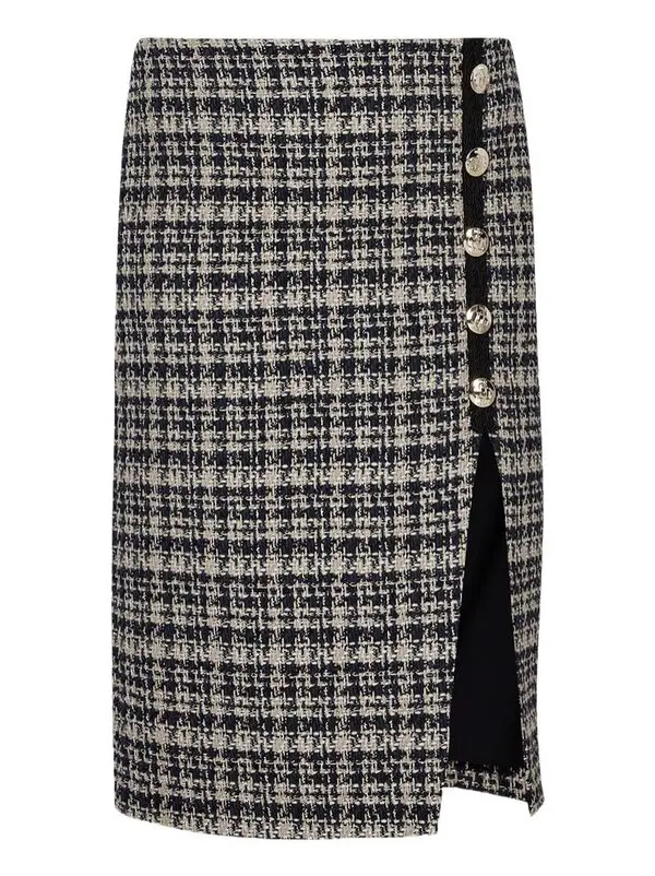 Liu Jo Tweed Skirt With Decorative Buttons And Front Slit - Blue/beige