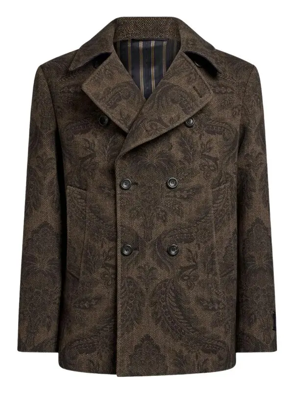 Etro Double-breasted Paisley Herringbone Peacoat - Black