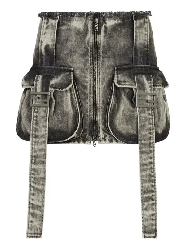 Fendi Cotton Denim Skirt With Ff Buckle Detailing - Black
