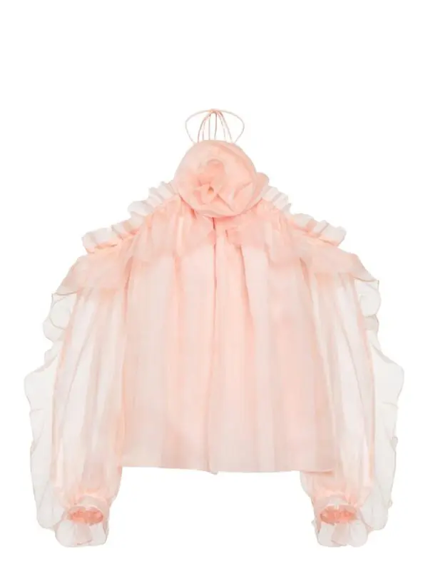 Carolina Herrera Strapless Floral Silk Top With Bell Sleeves - Nude