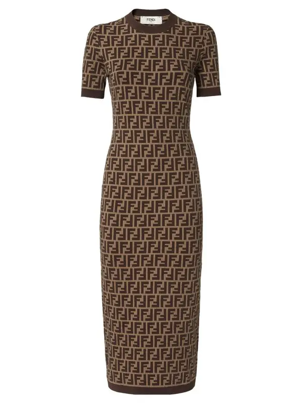 Fendi Ff Jacquard Fitted Midi Dress - Brown
