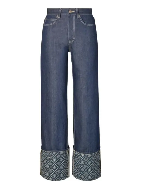 Tory Burch T Monogram Contrast Cuff Straight Leg Jeans - Raw/unwashed