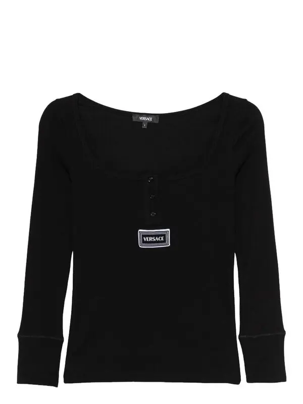 Versace Ribbed Long Sleeve Top With Half Buttons - Black