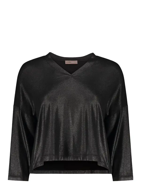 Herno V-neck Metallic Long Sleeve Top - Black